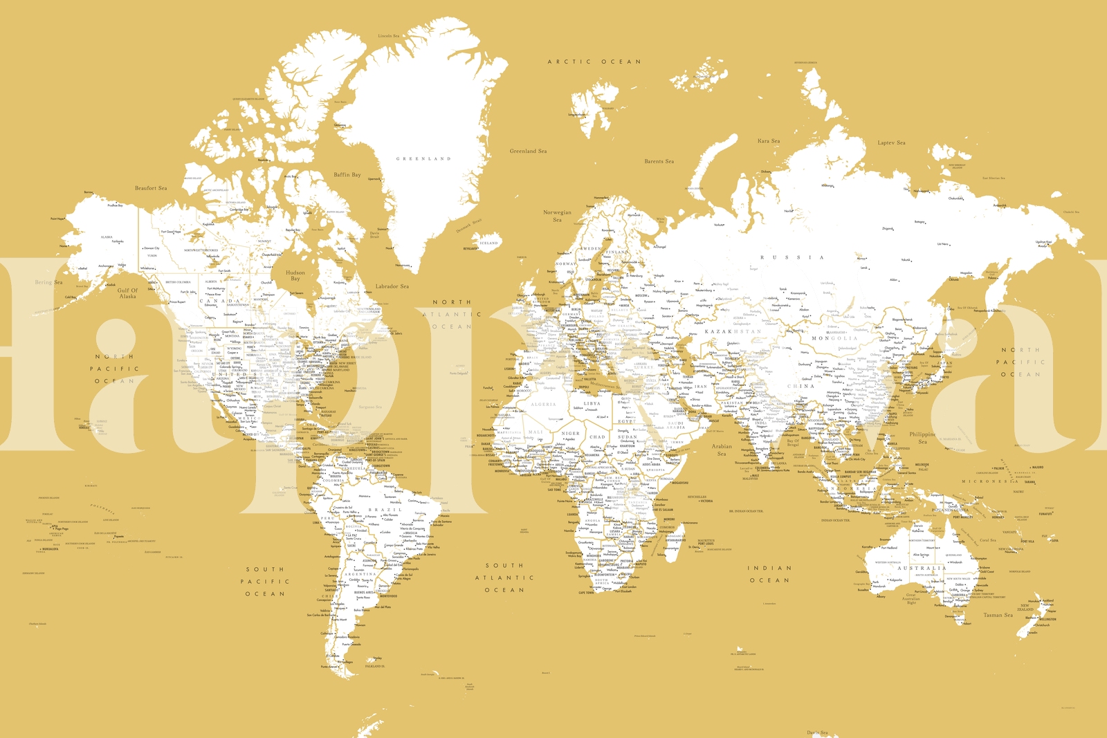 World Map Wallpaper in Yellow and White