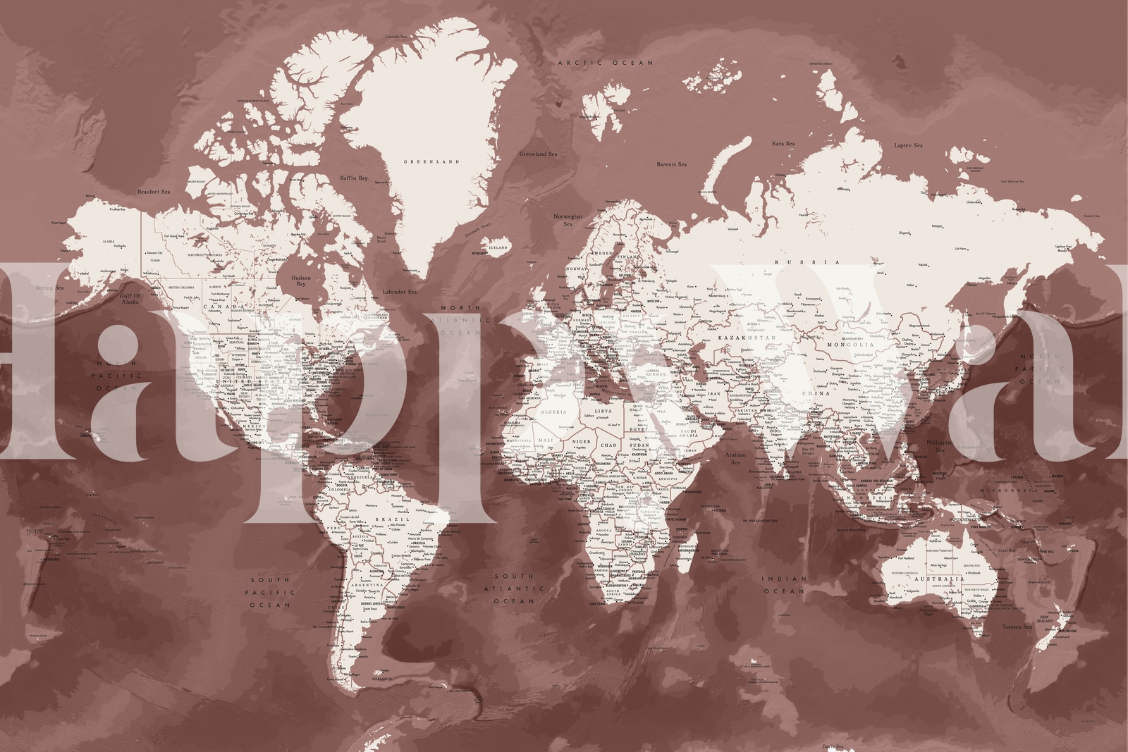 Detailed World Map Wallpaper in Earthy Tones