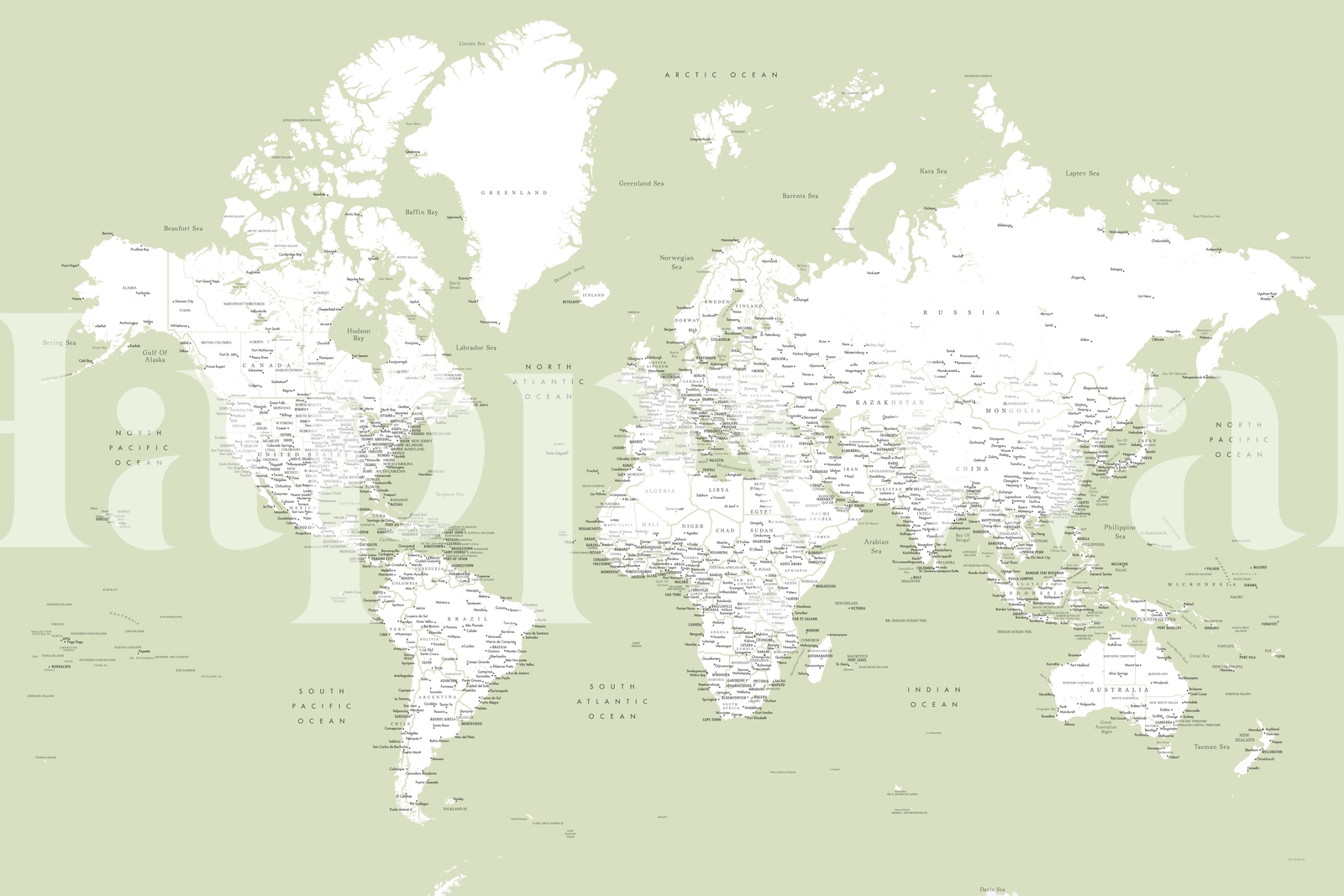 World Map Wallpaper in Soft Green and White