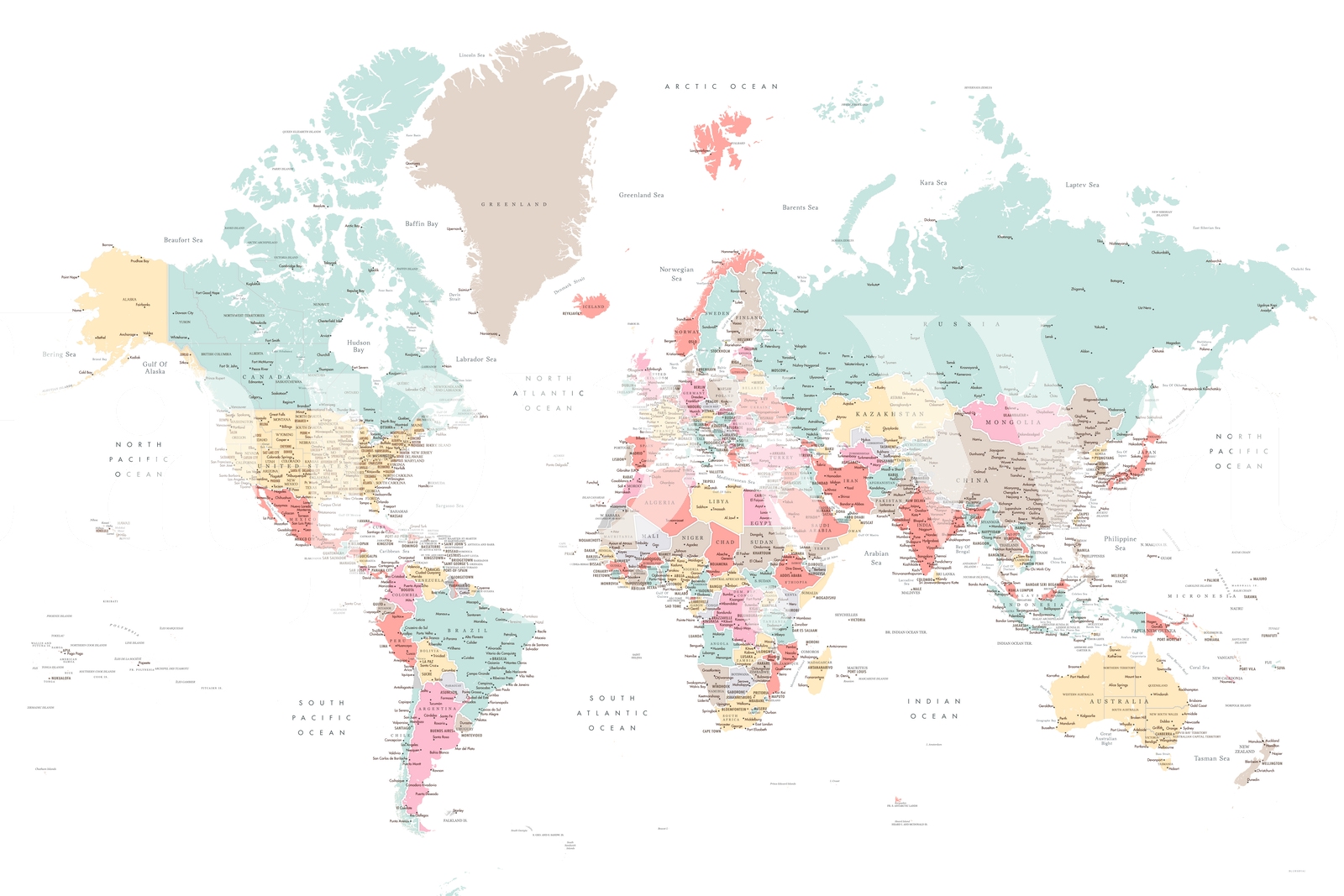 Detailed World Map Pastella Wallpaper - Buy Online | Happywall