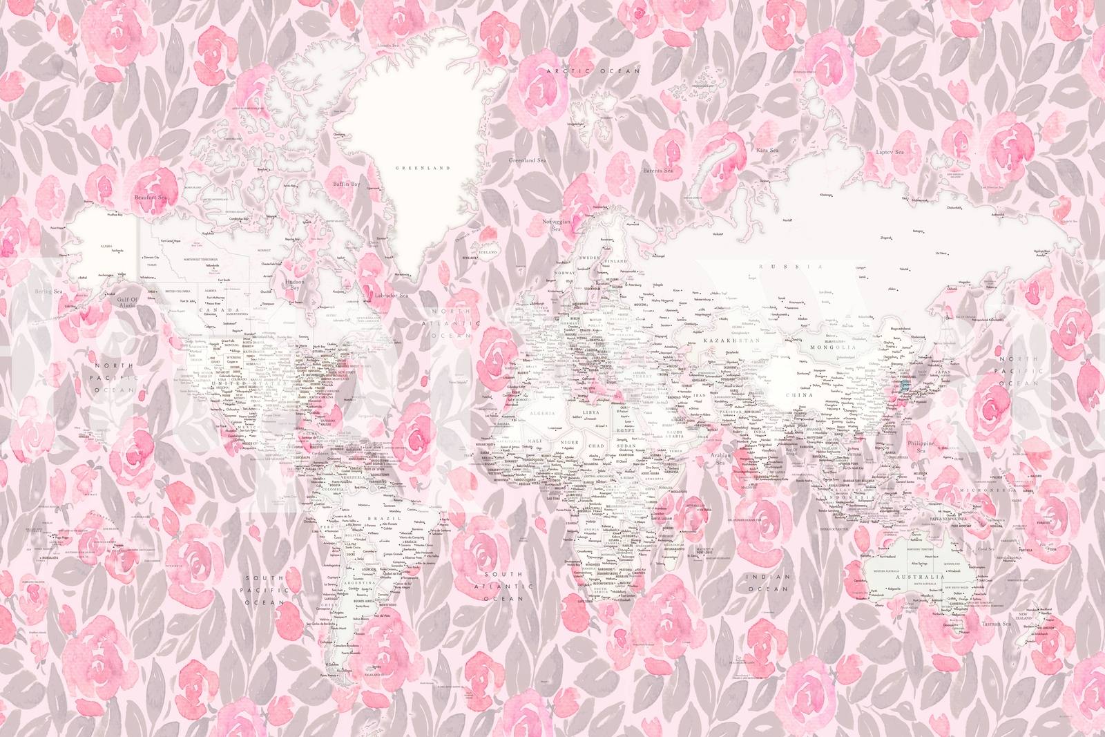 Pink Floral World Map Wallpaper
