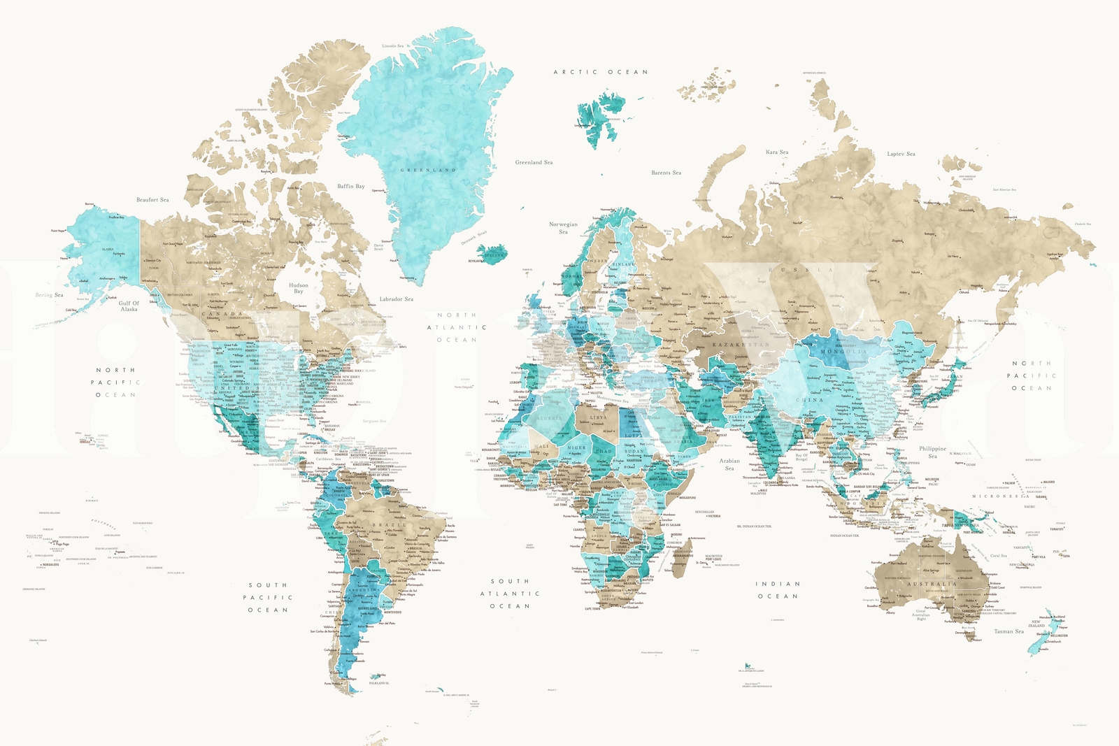 Detailed World Map Wallpaper Blue Tan
