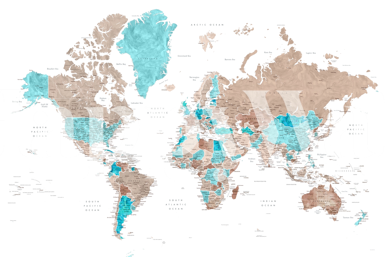 Detailed World Map Wallpaper in Teal and Beige