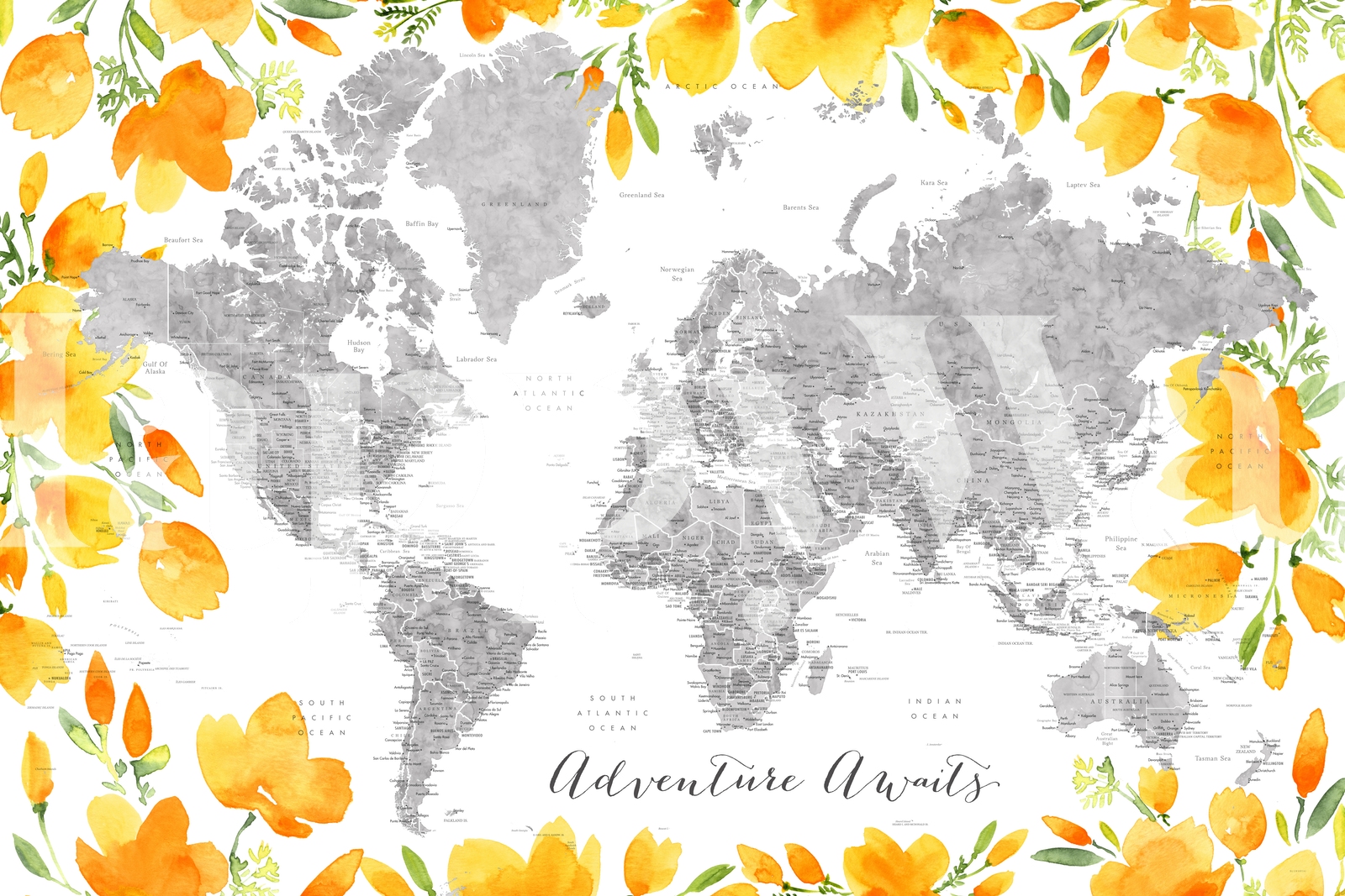 Floral World Map Wallpaper