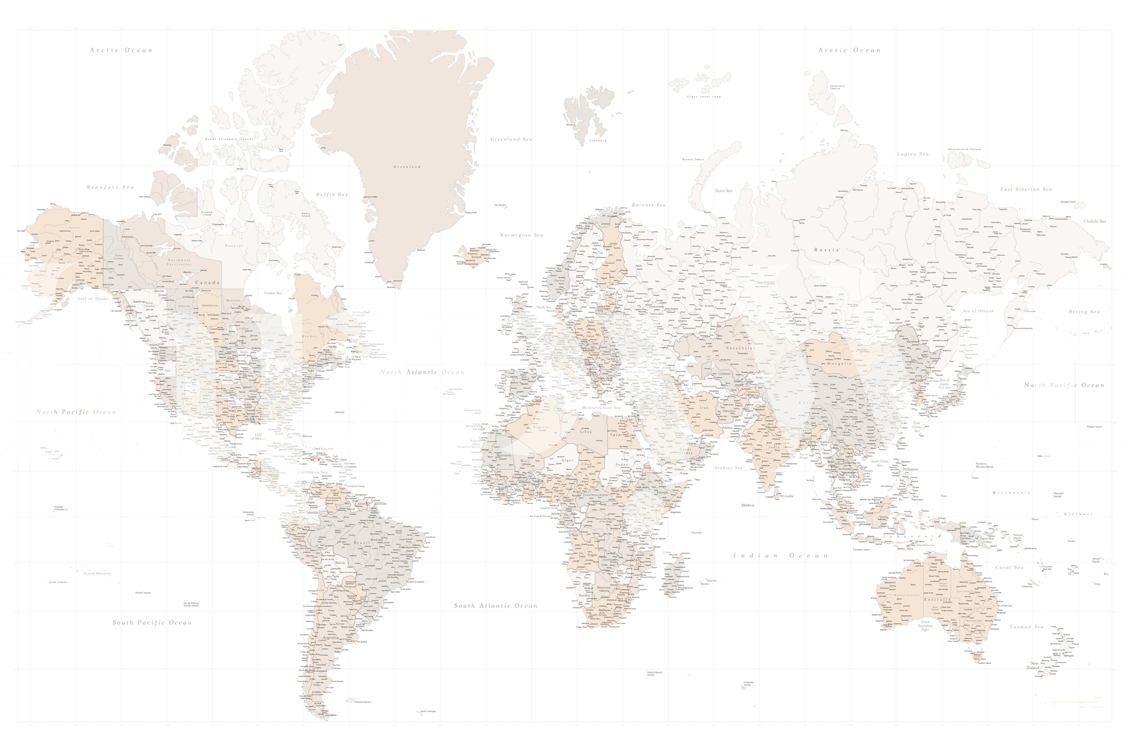 High Detail World Map Wallpaper in Beige