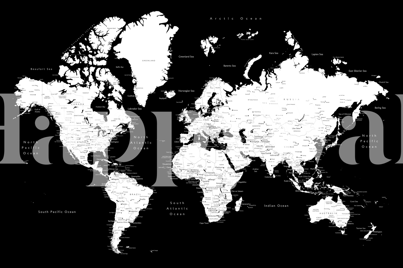 Connie World Map with Cities Wallpaper – Happywall