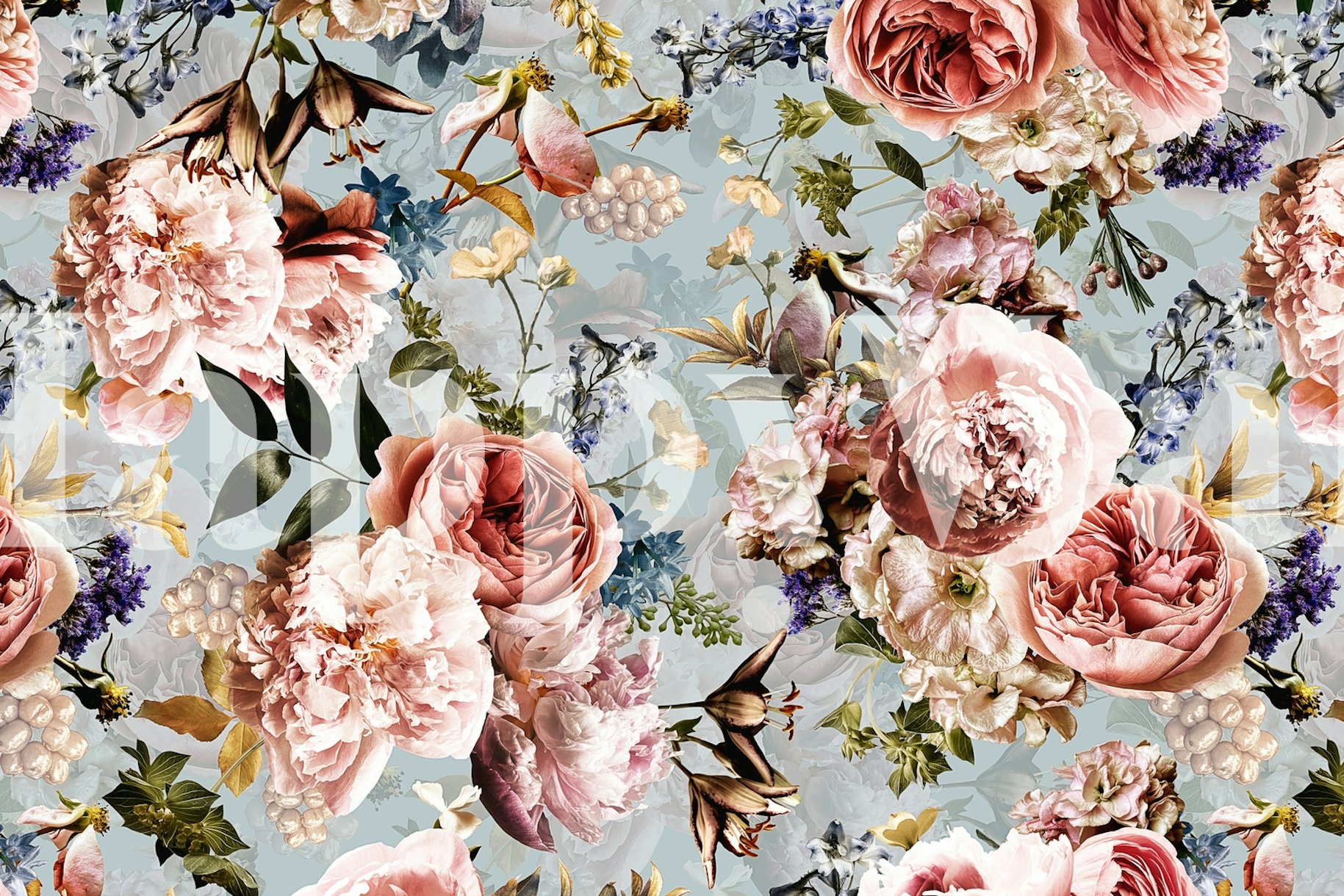 Sepia Blue Baroque Roses wallpaper - Happywall