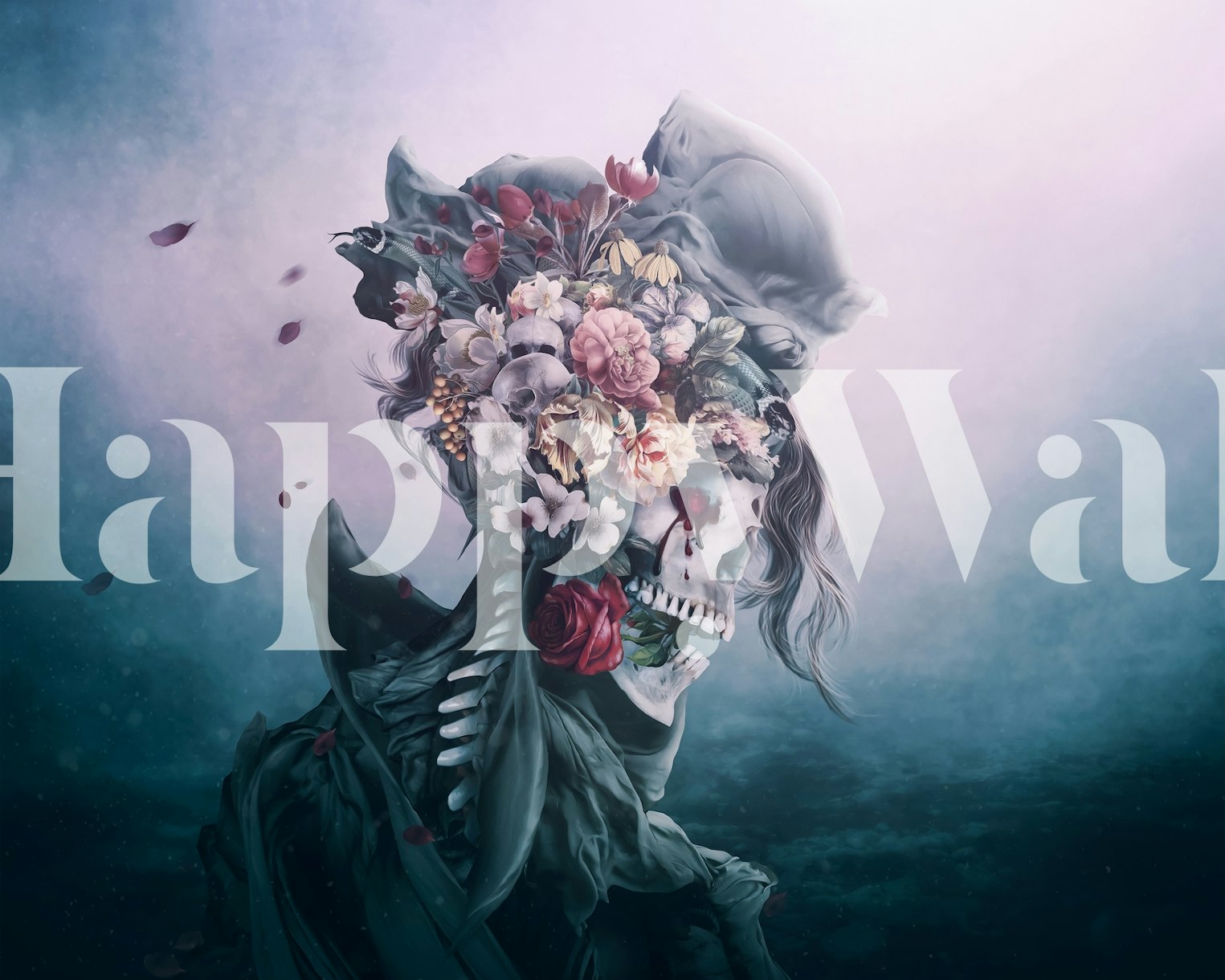 Surreal Skull on Blue Wallpaper - Buy Online at Happywall