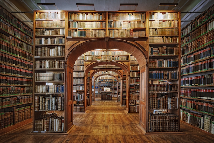 Library Bookshelf Wallpaper in Warm Colors