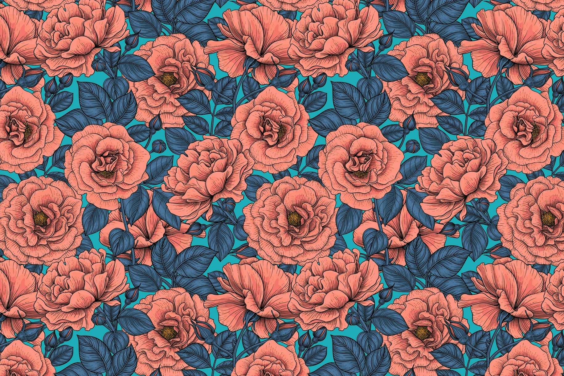 Pink Roses on Blue Wallpaper - Shop Now at Happywall