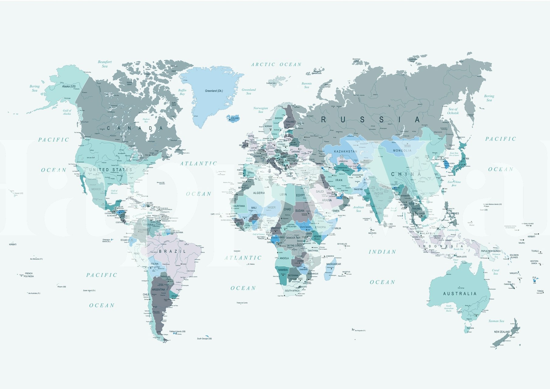World Map in Teal and Blue Wallpaper | Happywall