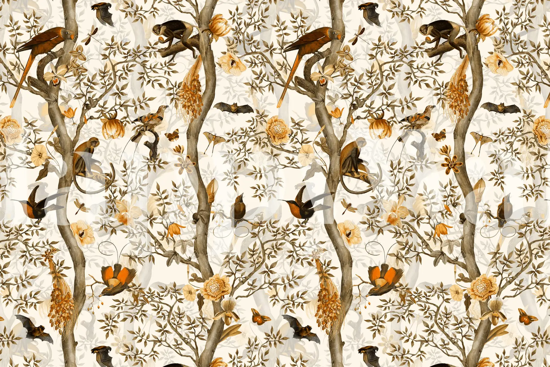 Chinoiserie Monkeys Birds wallpaper - Happywall