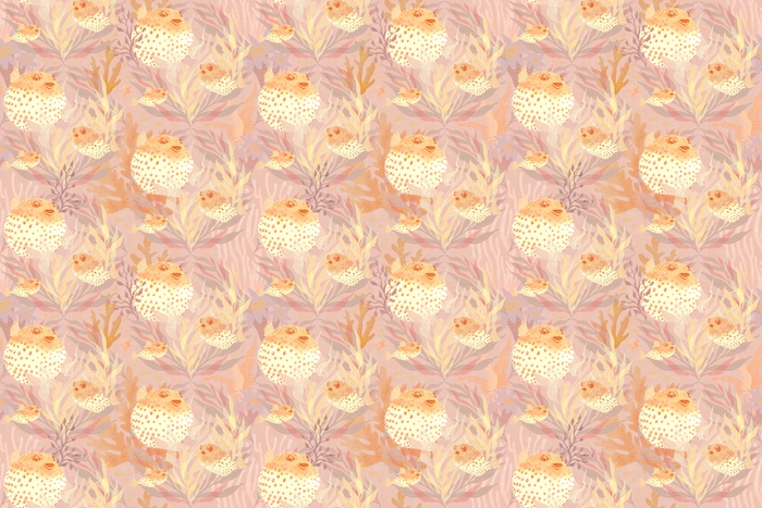 Floral Pufferfish Wallpaper in Soft Pastels