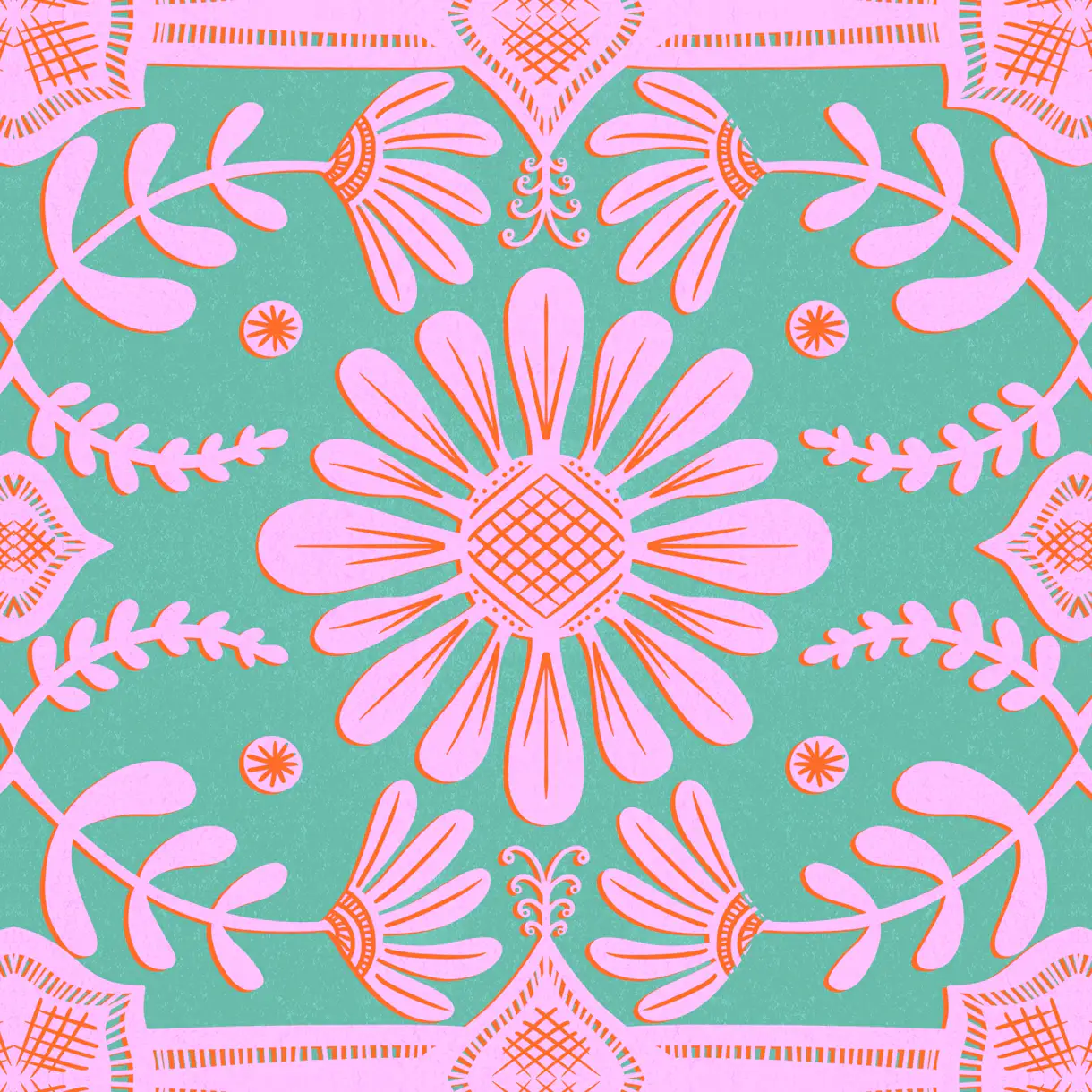 Boho Florals Pink Green Square wallpaper - Happywall