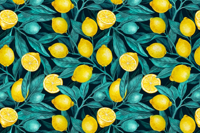 Yellow Lemon Wallpaper with Green Leaves