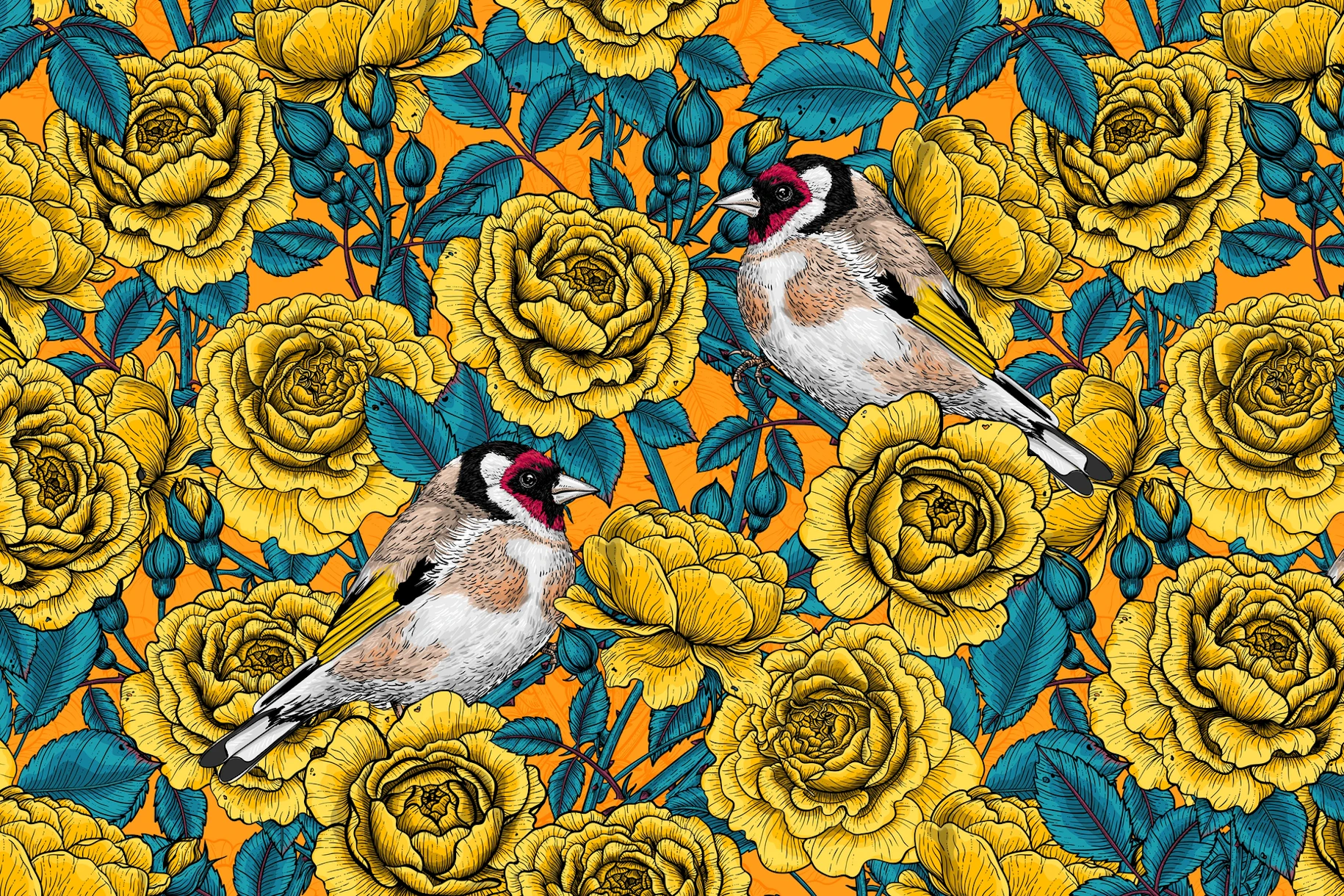 Yellow roses and birds wallpaper - Happywall