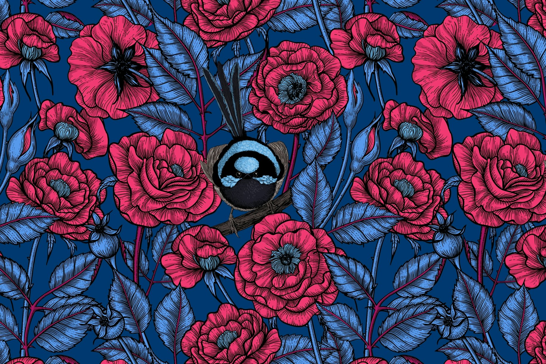 Wren in the red roses wallpaper | Happywall