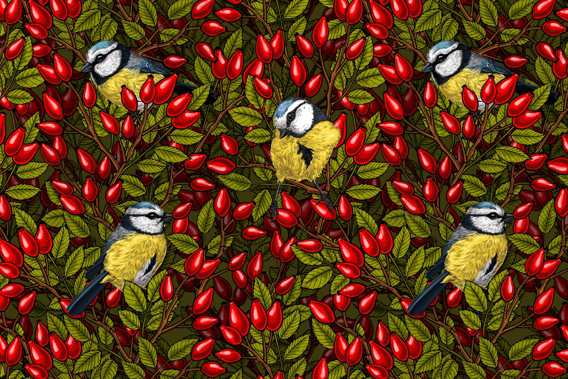 Birds and Dog Rose Hips Wallpaper - Buy Online | Happywall