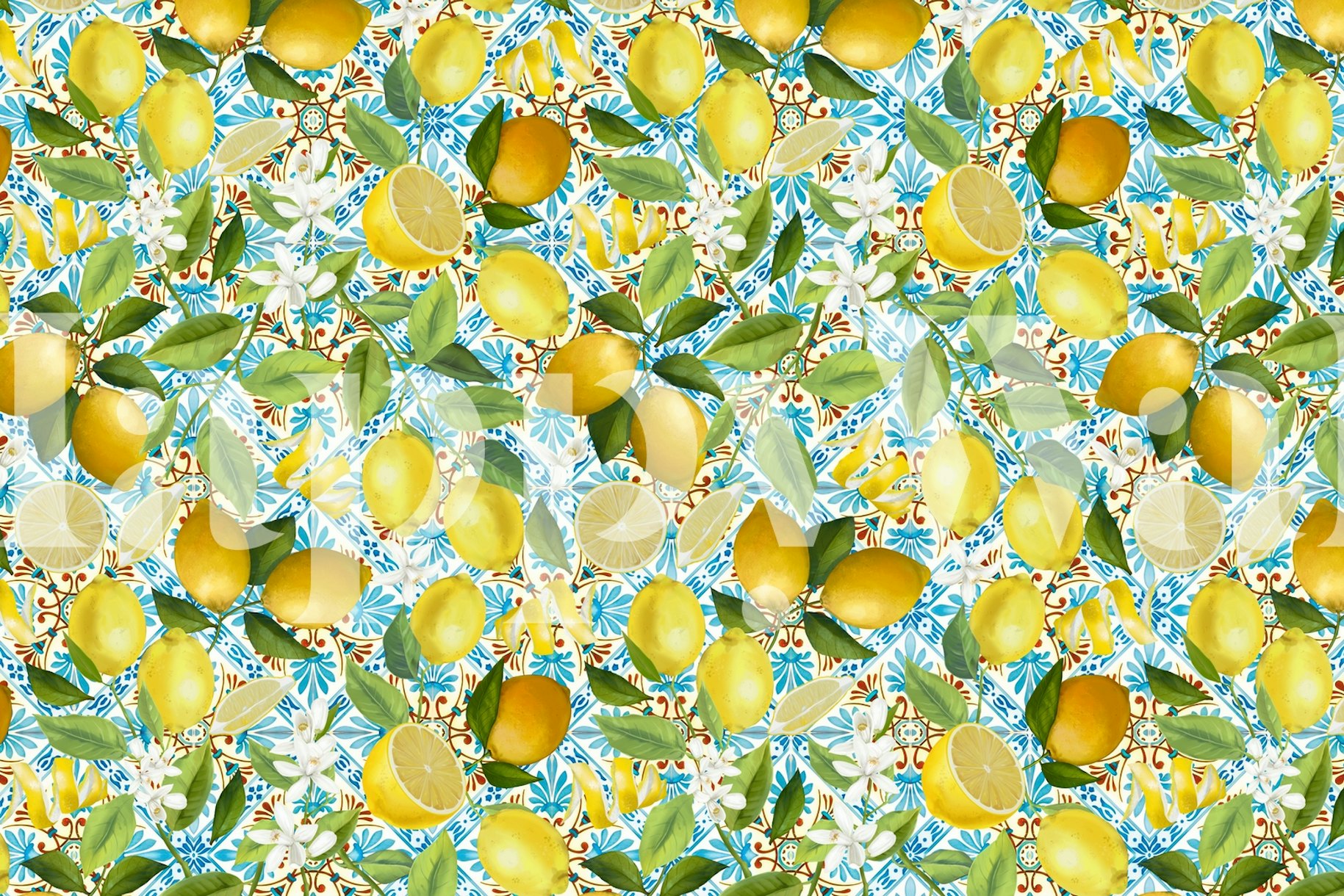 Buy Beautiful Mediterranean Tiles and Fruits Wallpaper | Happywall