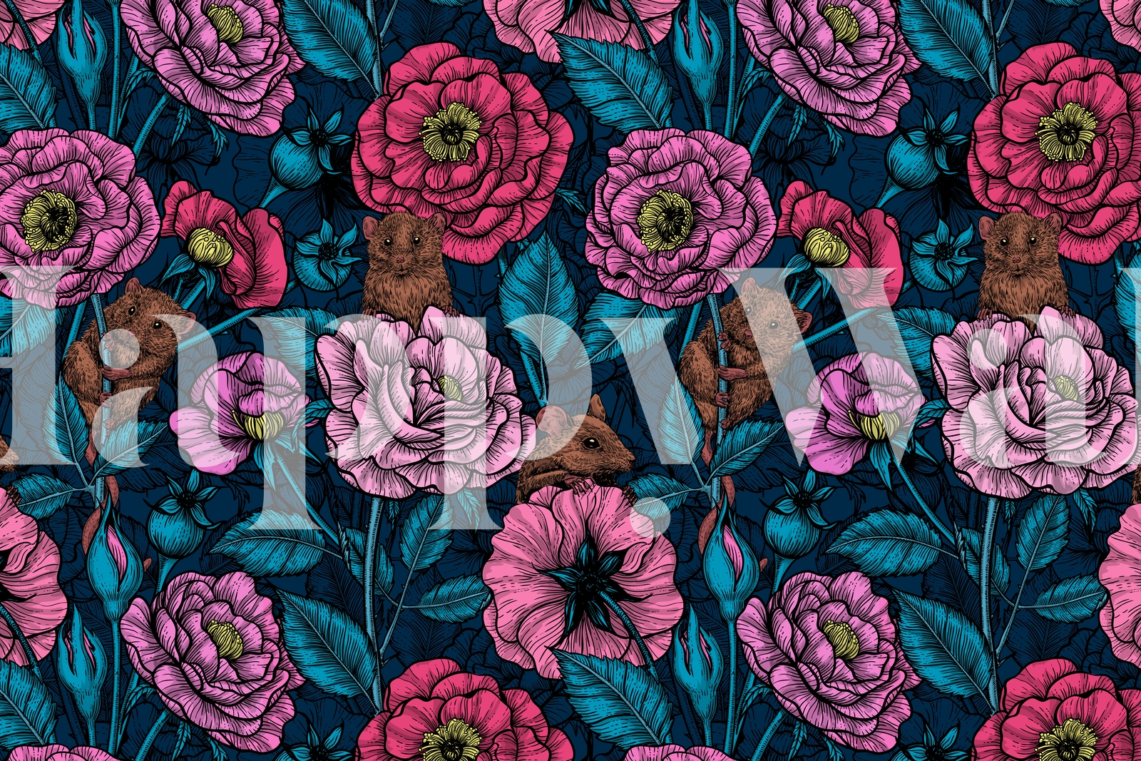 Mice Floral Wallpaper in Pink and Blue