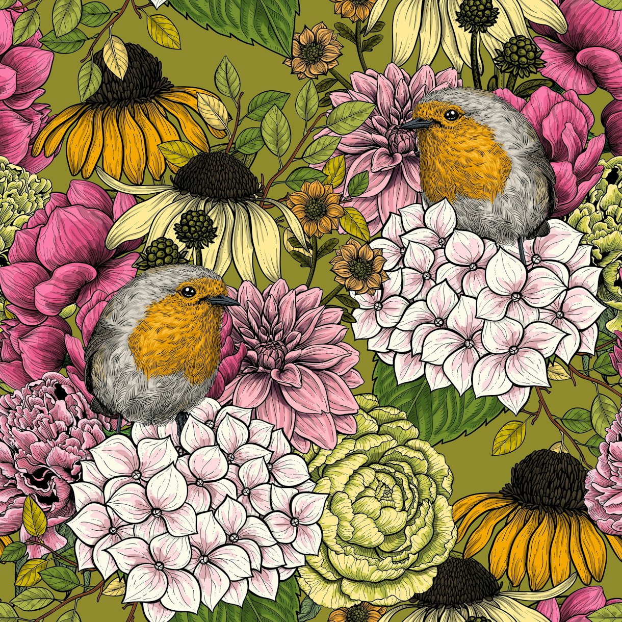 Robins in the Garden Wallpaper - Happywall