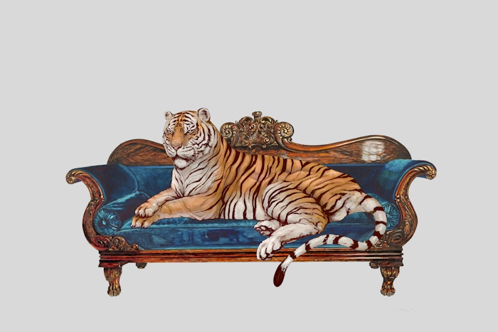 Realistic Tiger Sitting Sofa Wallpaper