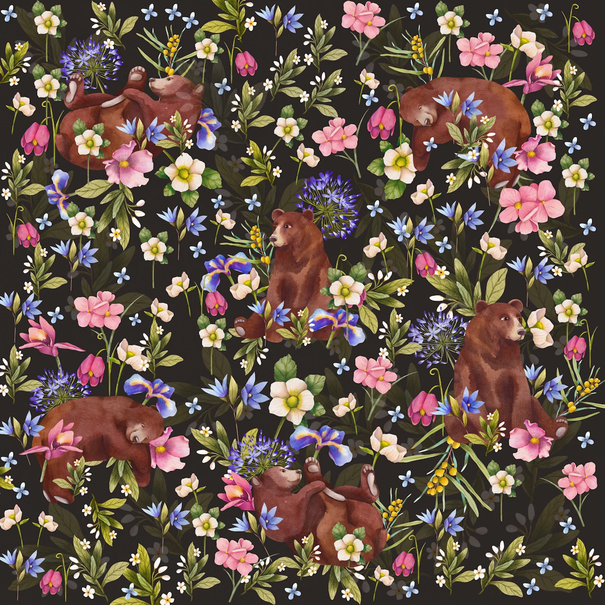 Bears in Flowers Wallpaper - Cute and Playful Design | Happywall
