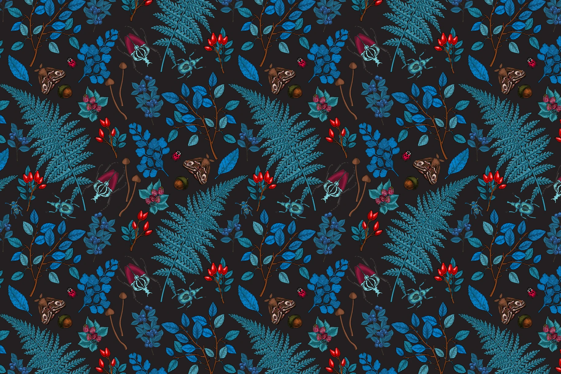 Forest Berries Leaves and Bugs Wallpaper - Buy Online | Happywall