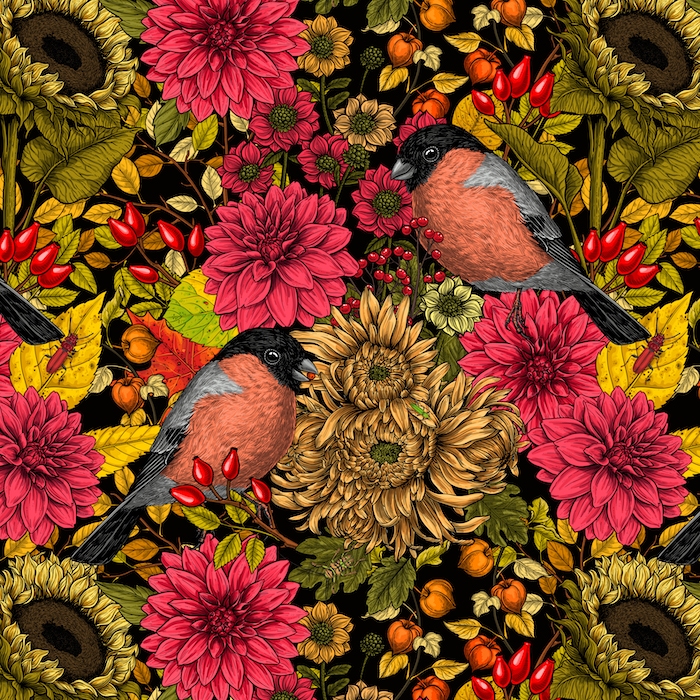 Floral Bird Black Wallpaper