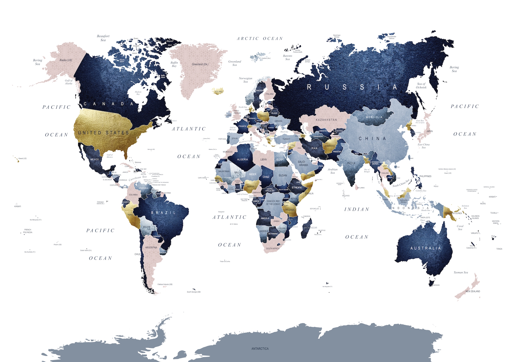 World Map Blush Navy Wallpaper - Happywall