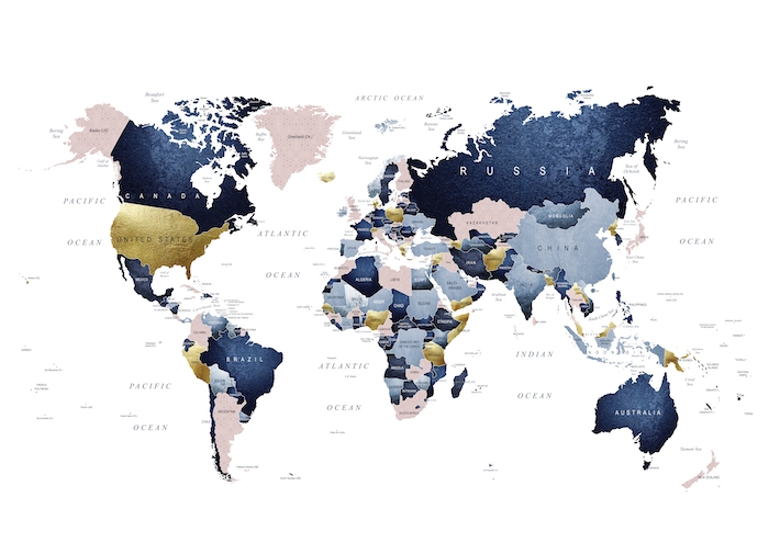 World Map Blush Navy Wallpaper - Happywall