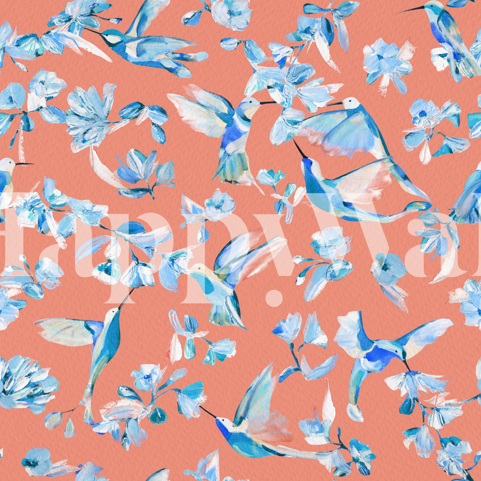 Coral Floral Wallpaper with Hummingbirds