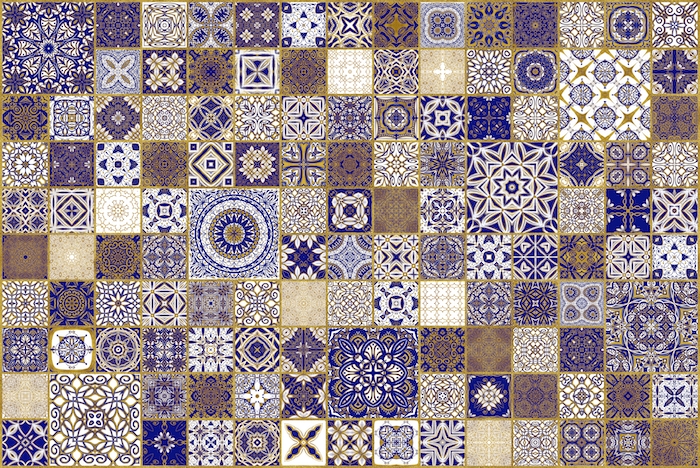 Blue, Gold & White Vintage Tiles Wallpaper | Happywall