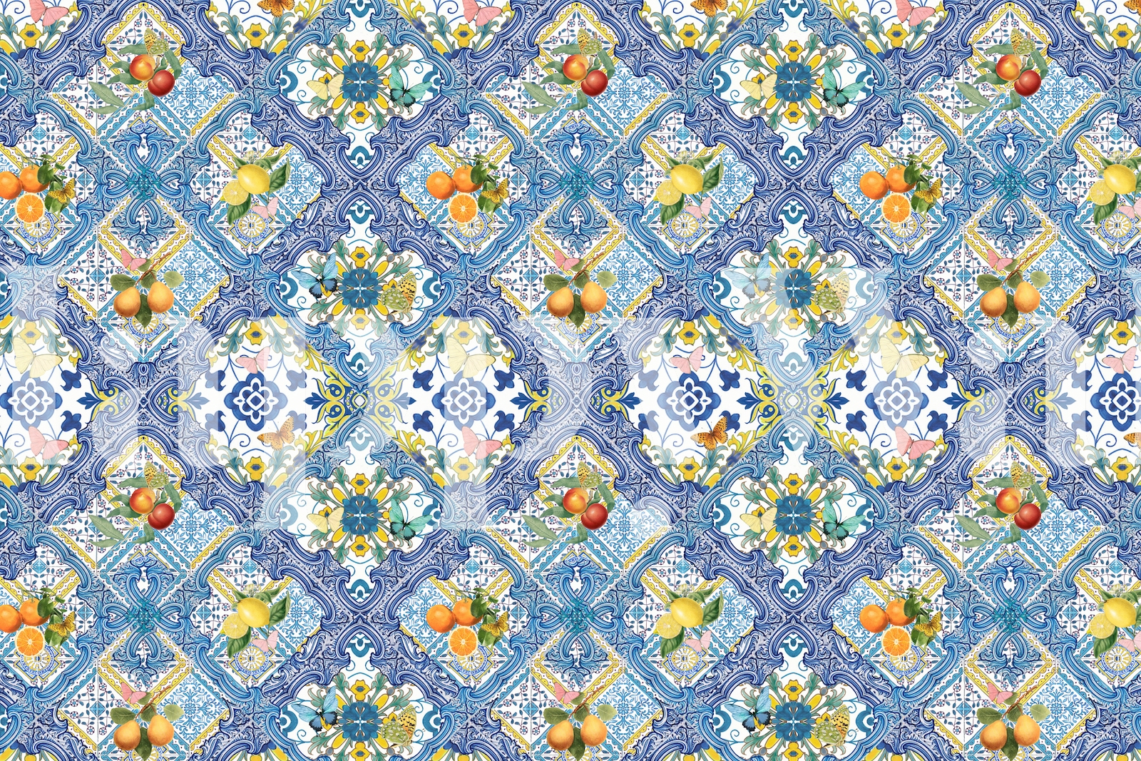 Mediterranean Citrus Fruit & Tile Wallpaper