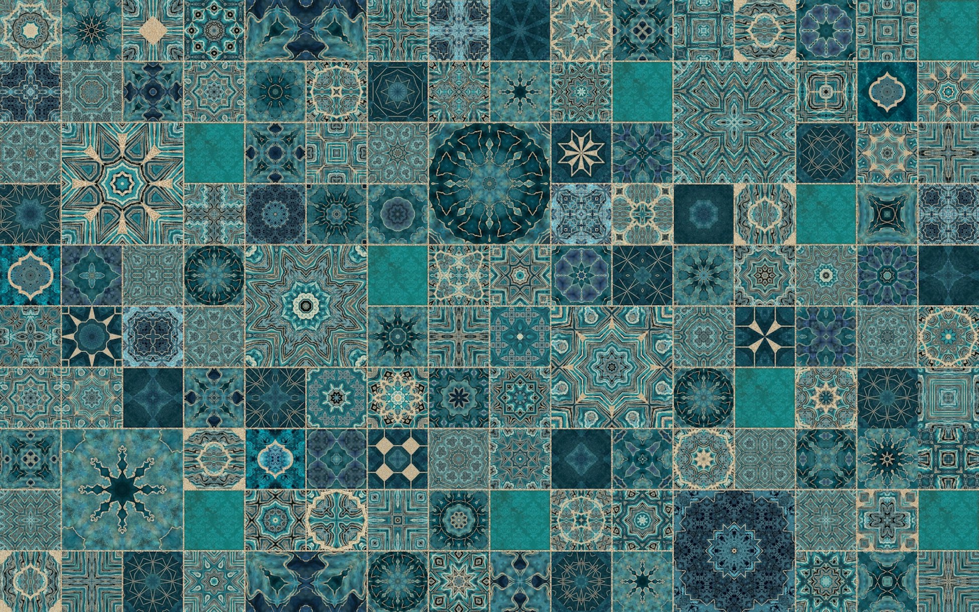 Azulejo Tiles Teal Gold wallpaper - Happywall