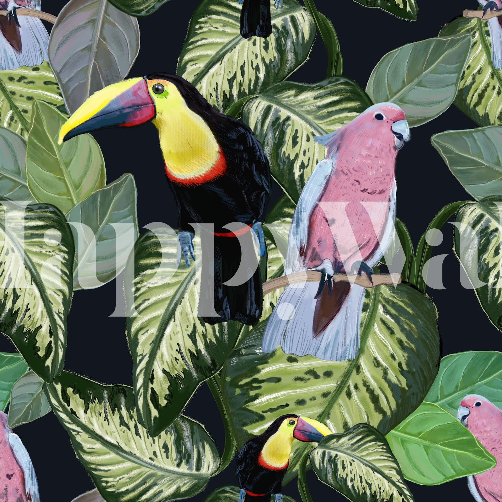 Birds and Green Leaves Dark Wallpaper | Happywall