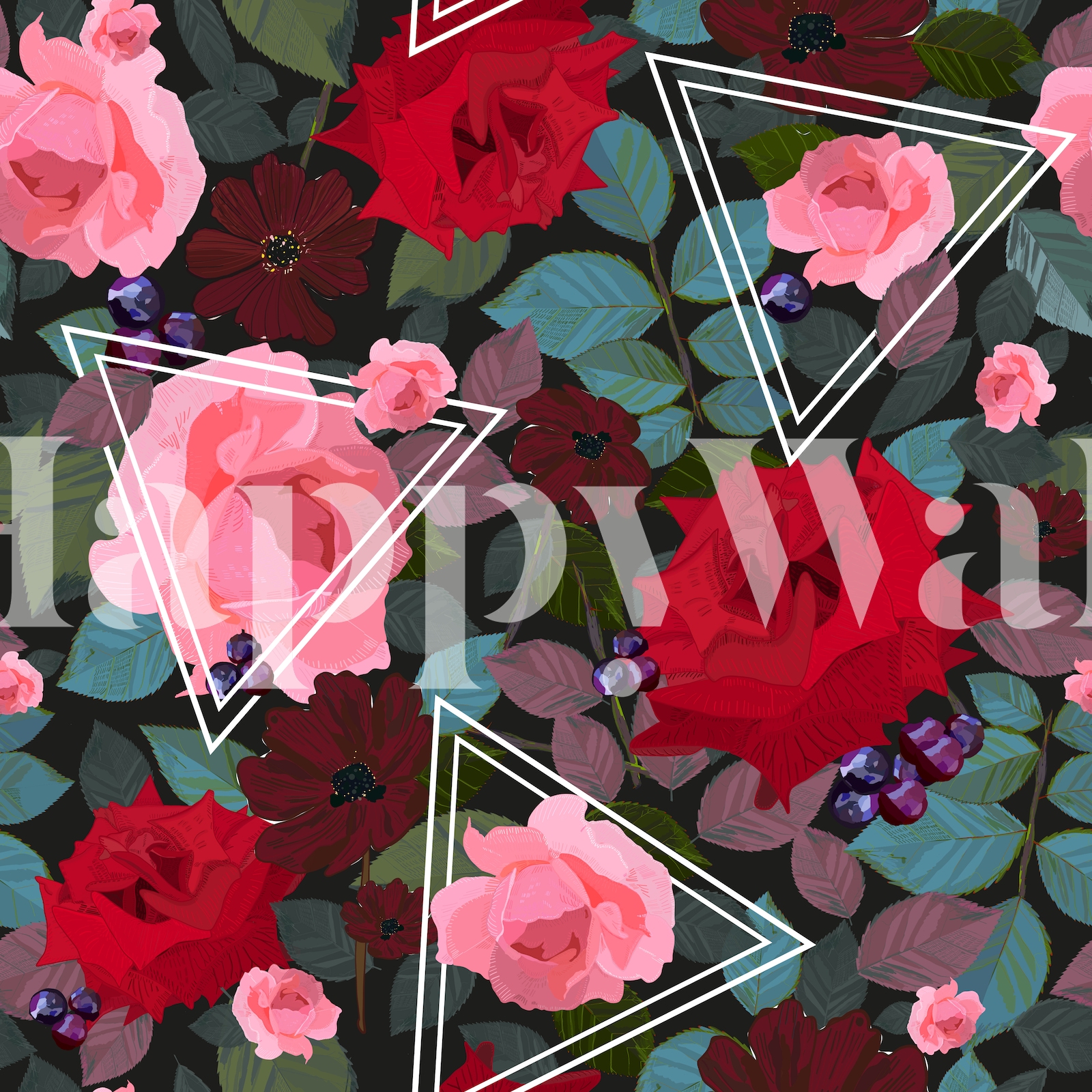Triangles with Red Pink Roses Wallpaper - Buy Online | Happywall