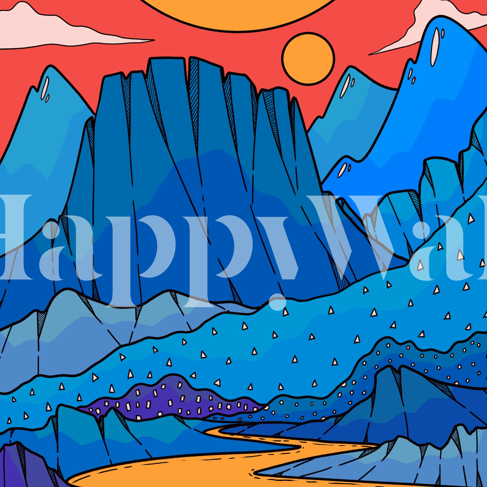 Blue and Red Mountain Landscape Wallpaper