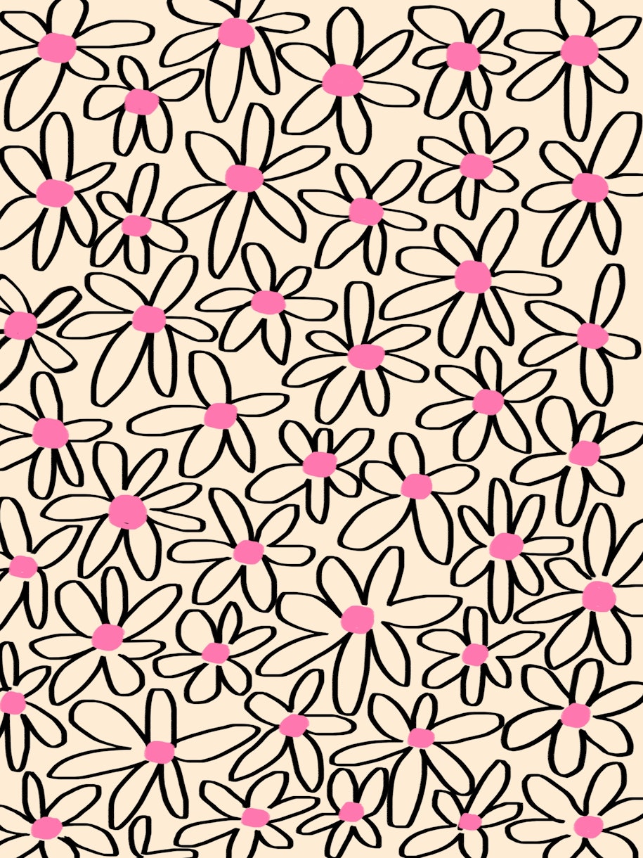 Joyful Flower Lines BW Pink Wallpaper | Happywall