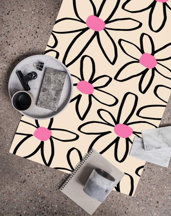 Joyful Flower Lines BW Pink Wallpaper | Happywall