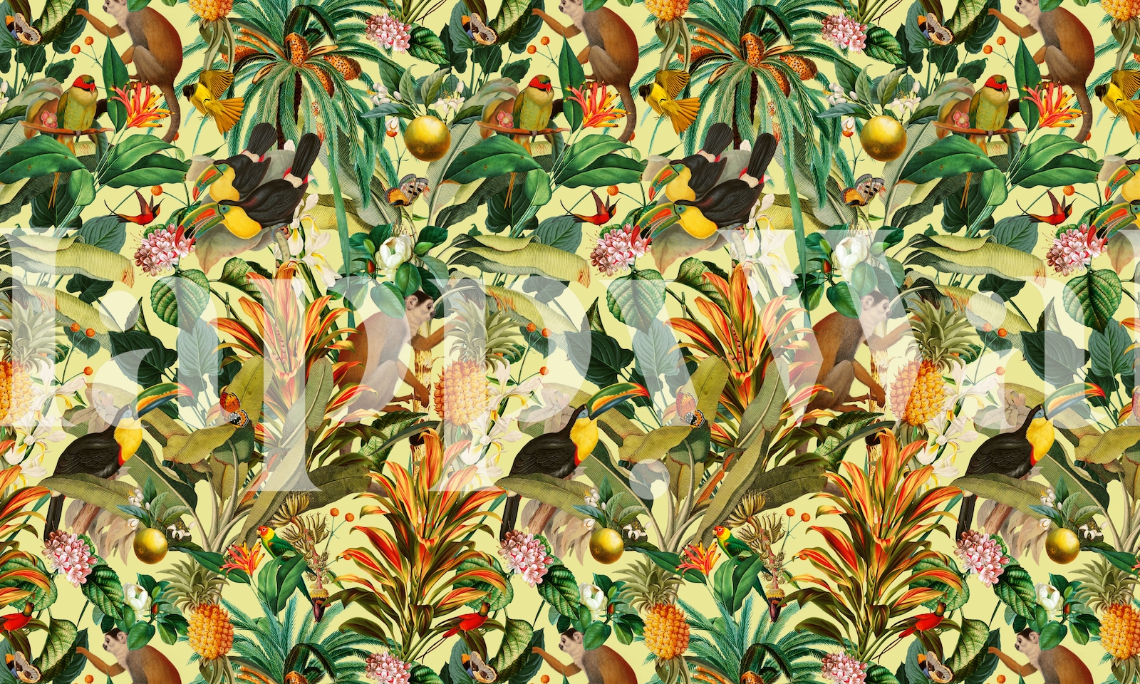 Tropical Jungle Wallpaper with Monkeys and Birds