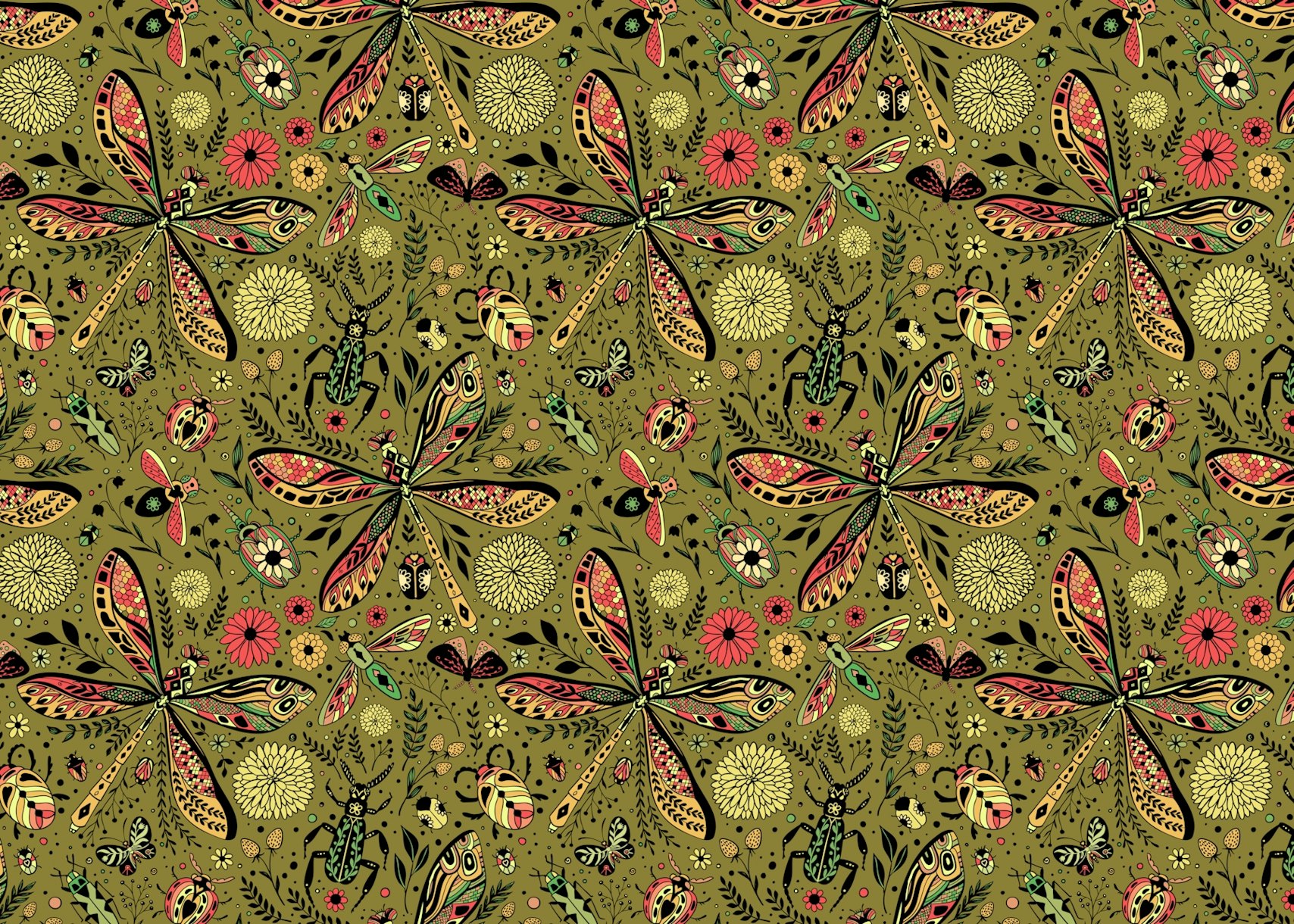 Doodle bugs on moss green wallpaper - Free shipping | Happywall