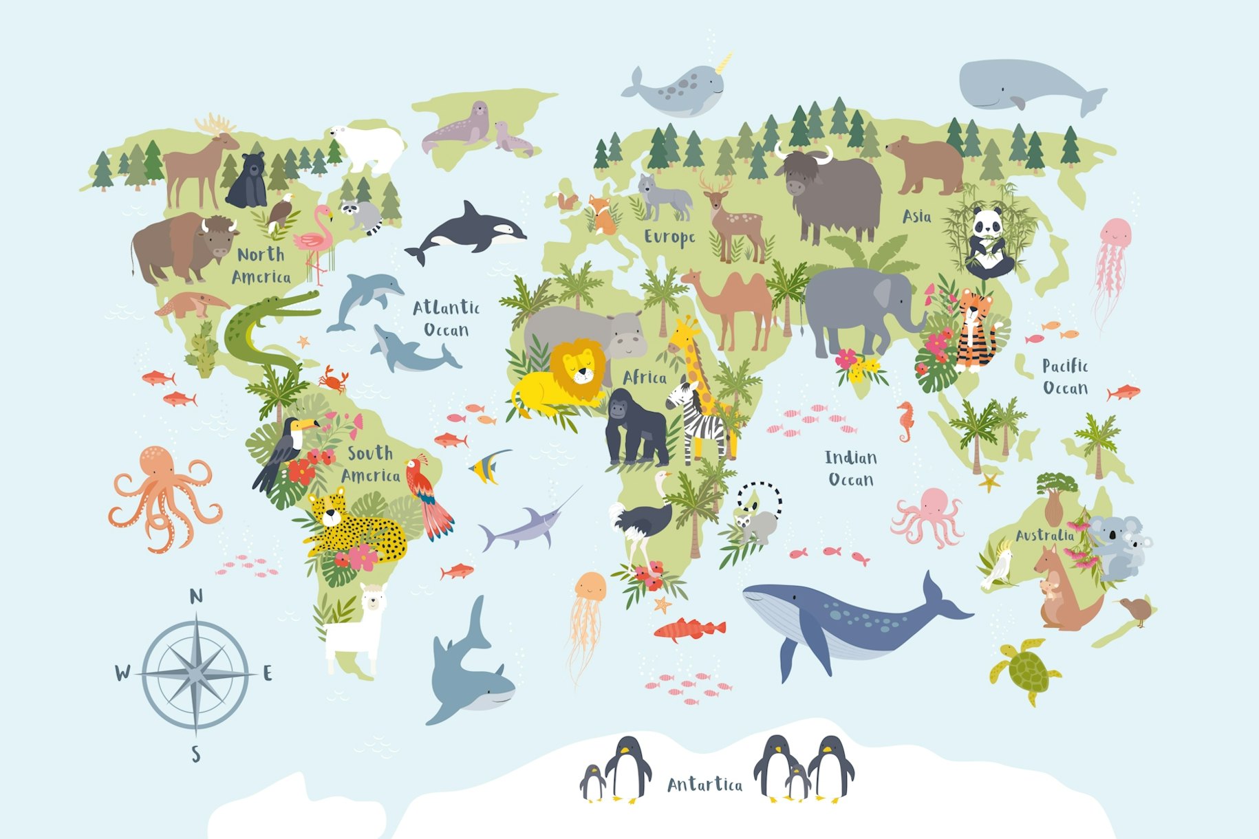 Animal World Map Wallpaper | Happywall