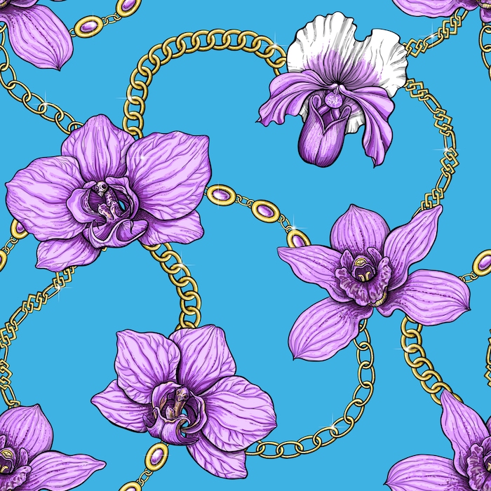Orchids and Chains Violet and Blue Wallpaper | Happywall