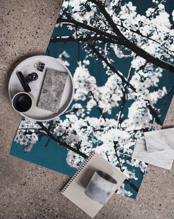 White Flower Tree on Teal Wallpaper | Happywall