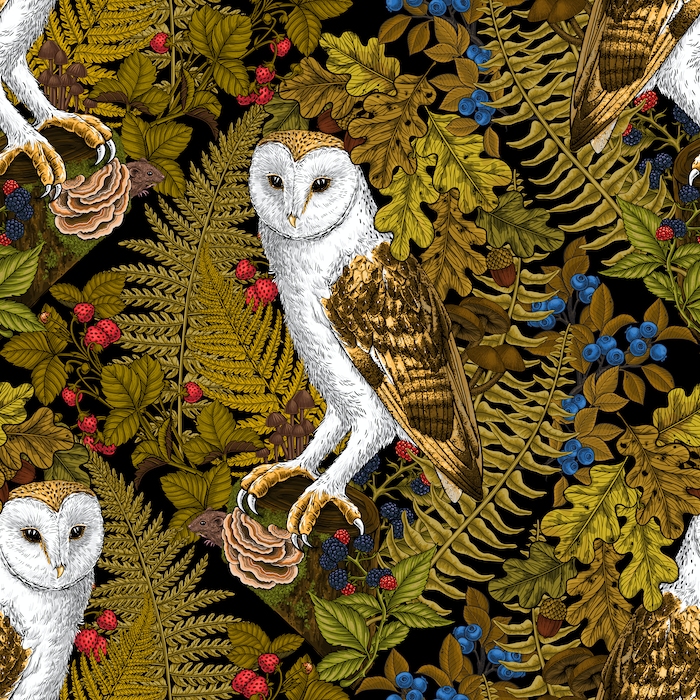 Owl and Fern Botanical Wallpaper