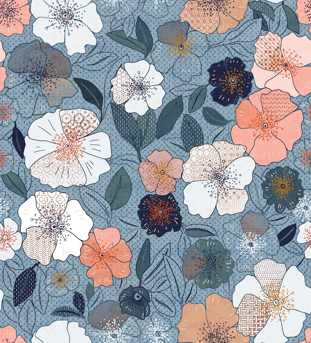 Cross Stitch Flowers Blue - Happywall
