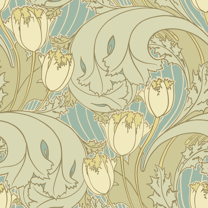 Floral Tulip Wallpaper in Green and Ivory
