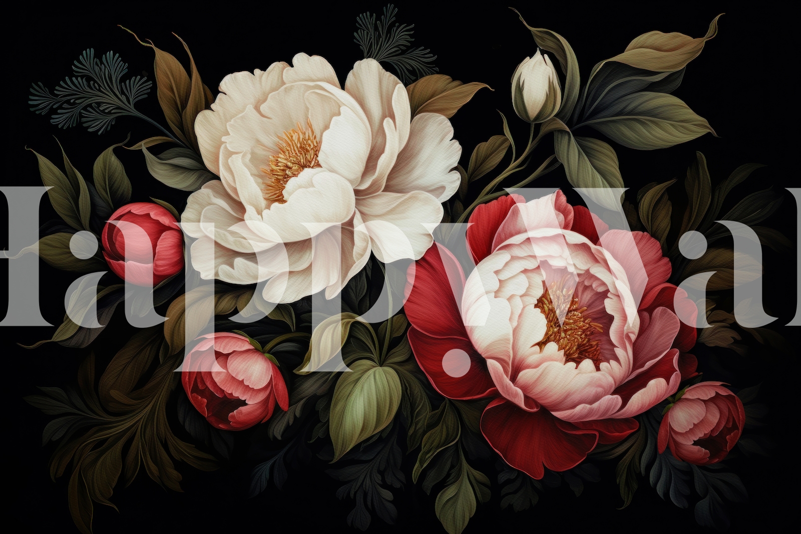 Red Baroque Night Peonies 1 Wallpaper - Happywall