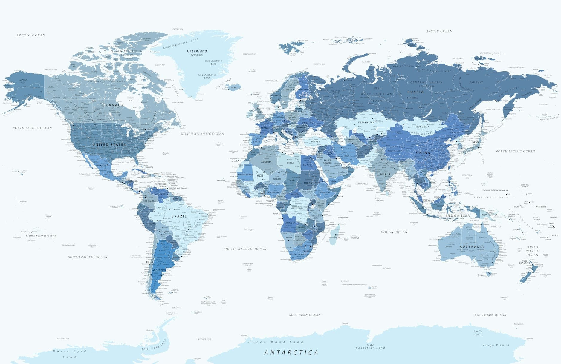 Highly Detailed World Map in Blue Wallpaper | Buy Online at Happywall